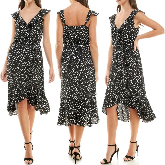 Socialite | Dresses | Socialite Ruffle Print Midi Wrap Dress Black And ...